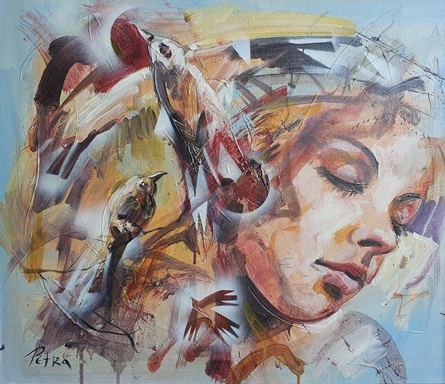 Umetnička slika Devojka i ptice – Nebojša Petrović Petra