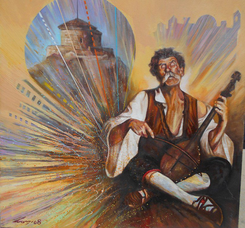 Umetnička slika Guslar i Lovćen slikar Ivan Vanja Milanović