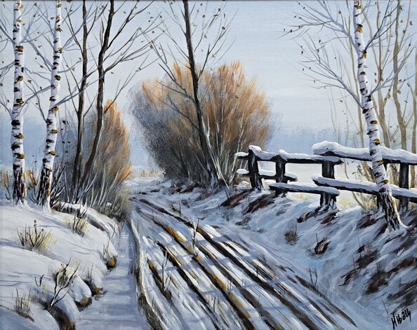 Umetnička slika Put zimi slikar Aleksandar injac