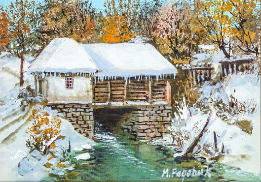 Umetnička slika Vodenica pod snegom slikar Miroslav Radović