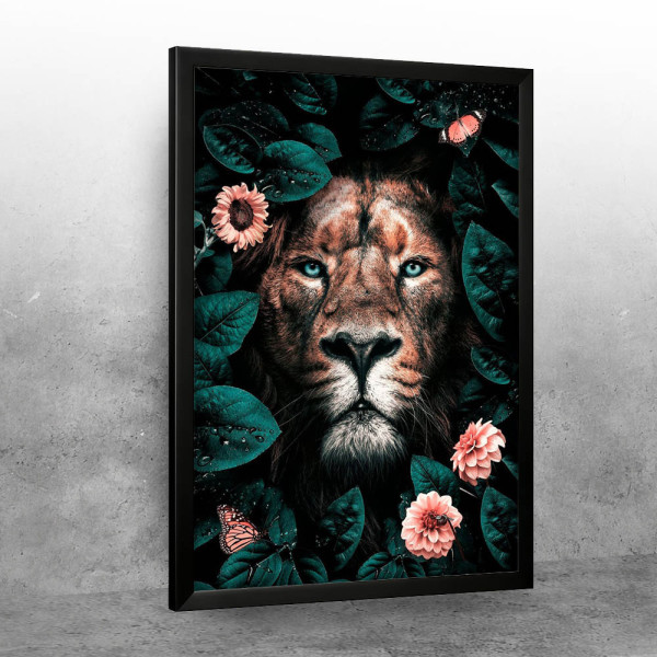 wild lion with flowers