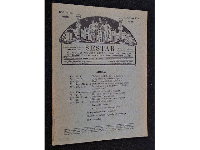 Časopis ŠESTAR Velike masonske lože iz 1935
