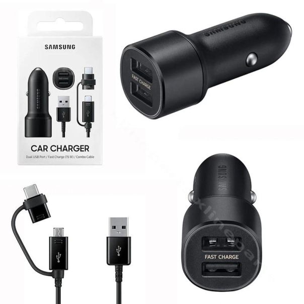 SAMSUNG Auto punjač 15W 2xUSB-A + combo kabl micro i Type-C, crna