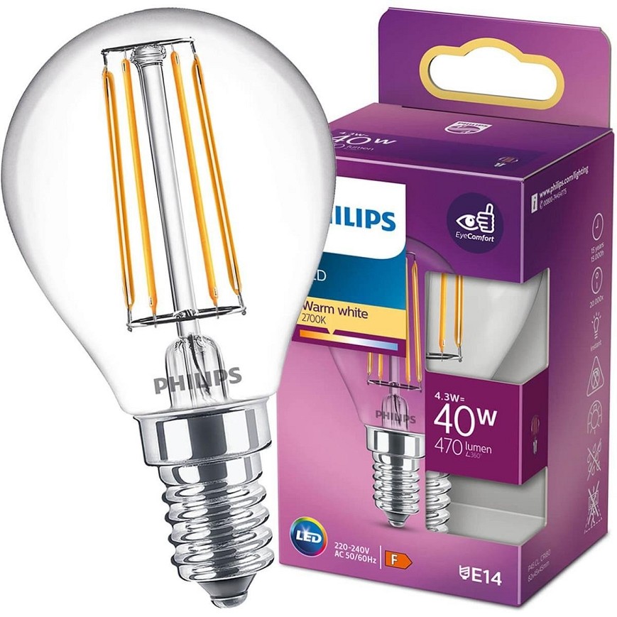 LED SIJALICA FILAMENT E14 G45 4.3W WW 2700K PHILIPS