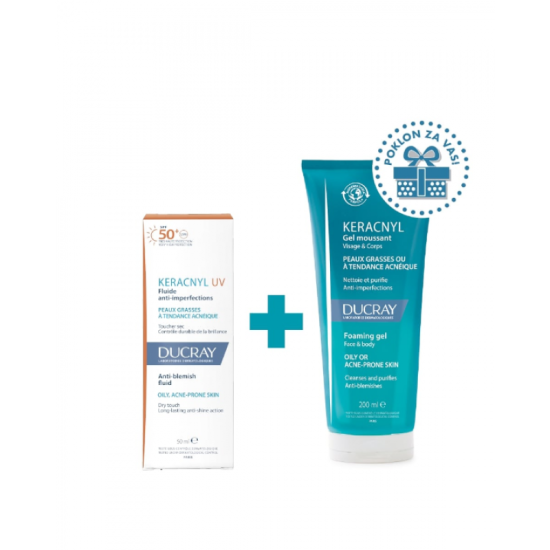 Ducray Keracnyl UV fluid SPF 50+, 50ml + Ducray Keracnyl penušavi gel 40ml Gratis