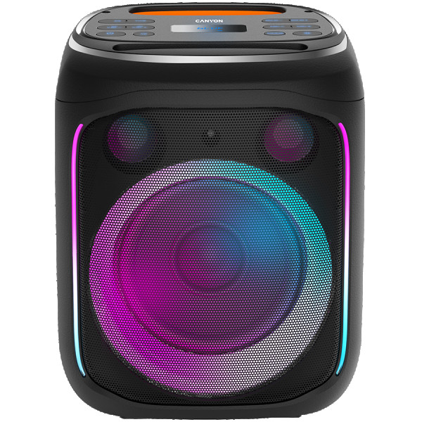 CANYON OnFun 5, Partybox speaker,Spec: speaker drivers: 6.5+1.5tweeter Power Output : 40W Lithium Battery : 7.4v 3600mAh Function : AUX+TF+MIC+BT+USB+DSP+EQ+ehco+. Color: Black body,orange handle....