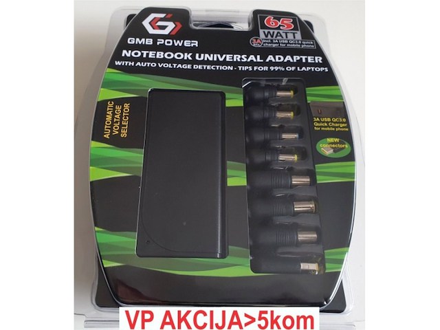 NPA-AC6D **Gembird univerzalni laptop punjac AC 65W + QC3.0 mob. brzi punac 3A, auto (1310 alt:AC7D