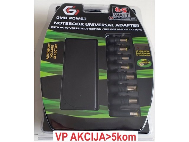 NPA-AC7D **Gembird univerzalni laptop punjac AC 65W sa Tip-C + QC3.0 mob. brzi punjac 3A, auto(1640)