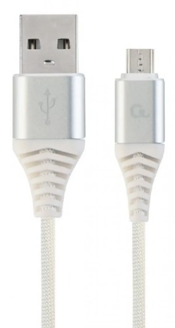 GEMBIRD CC-USB2B-AMmBM-2M-BW2 Gembird Premium cotton braided Micro-USB charging -data cable,2m, silver/white