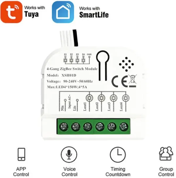 GEMBIRD SMART-4GANG Tuya Wifi DIY Self-locking daljinski upravljac Smart Switch relejni modul DC 5V/7-32V AC