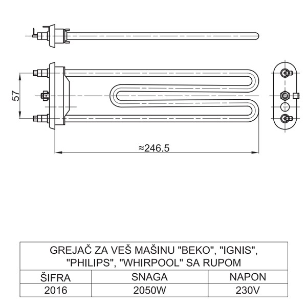 GREJAČ VEŠ MAŠINE 2050W 230V SA RUPOM 2016