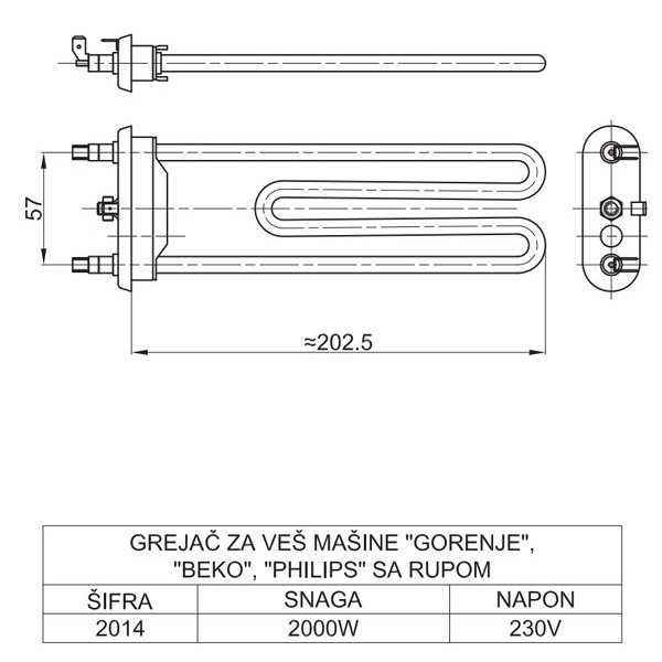 GREJAČ VEŠ MAŠINE 2000W 230V SA RUPOM 2014