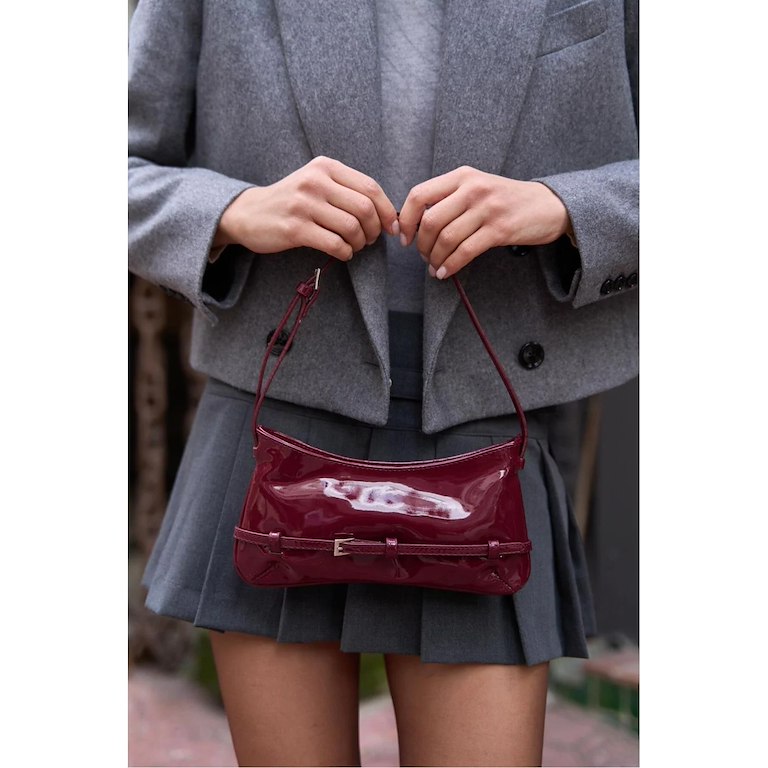 Madamra Burgundy Patent Leather Women's Patent Leather Baguette Bag