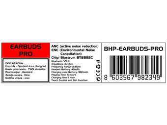 GEMBIRD BHP-EARBUDS-PRO*(ANC) Gembird bluetooth V5.3, 16ohm, 45/380mAh slusalice, ANC/ENC noise r...