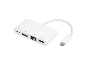 E-GREEN Adapter USB 3.1 tip C (M) - HDMI + USB3.0 + RJ45 + tip C (F) beli