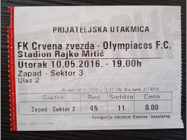 FUDBAL: CRVENA ZVEZDA - OLIMPIJAKOS 10.05.2016