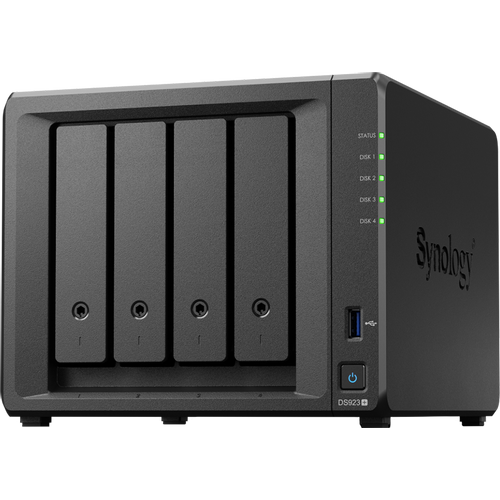 Synology DiskStation DS923+, Tower, 4-Bays 3.5'' SATA HDD/SSD, 2 x M.2 2280 NVMe SSD slot, CPU AMD R1600 2-core 2.6 (base) / 3.1 (turbo) GHz, 4 GB DDR4 ECC, 2x RJ-45 1GbE LAN Port; 2x USB 3.2; eSA...