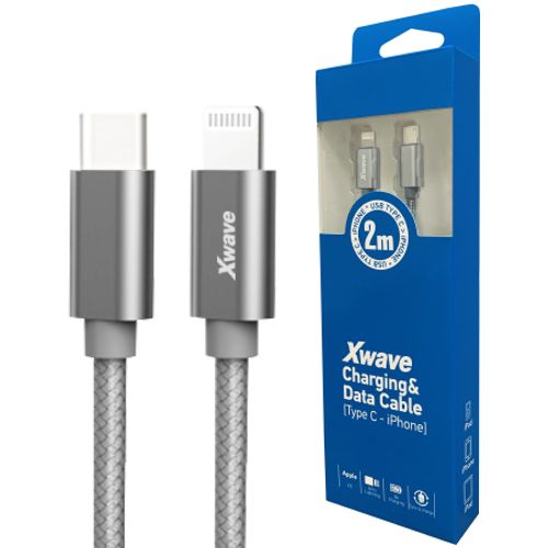 Xwave Kabl USB Tip-C za IPHONE 2M 3A,lightning aluminium,upleteni,tamno sivi