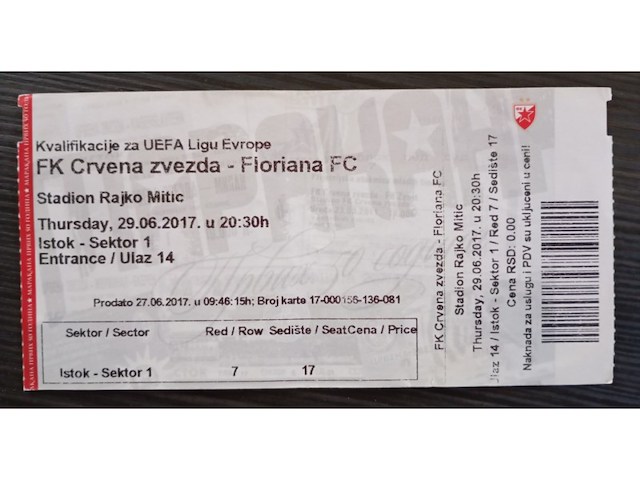 FUDBAL: CRVENA ZVEZDA - FLORIANA 29.06.2017