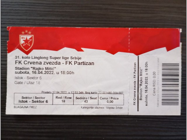 FUDBAL: CRVENA ZVEZDA - PARTIZAN 16.04.2022