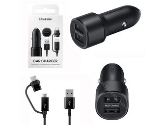 SAMSUNG Auto punjač 15W 2xUSB-A + combo kabl micro i Type-C/ crna