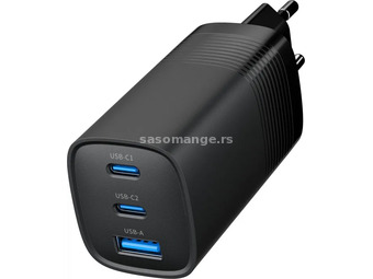 GEMBIRD TA-UC-PDQC65-01-BK Gembird 3-port 65W GaN USB PowerDelivery fast charger, black