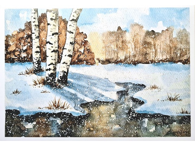 Breze na snegu 5 - akvarel