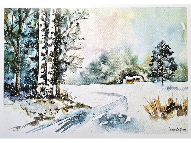 Breze na snegu 3 - akvarel