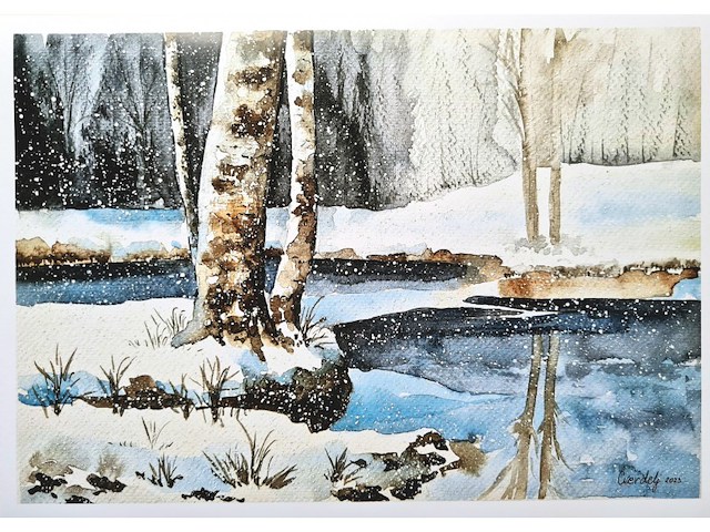 Breze na snegu 2 - akvarel