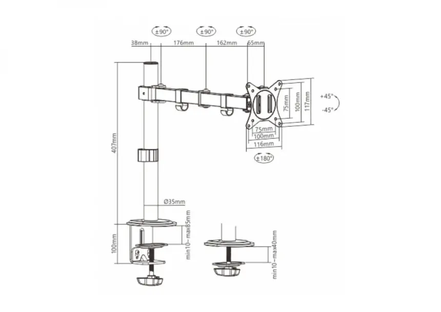 MA-D1-01 Gembird Podesivi stoni drzac za monitor jedna ruka-Produzeni, tilt, 17-32 max.9kg