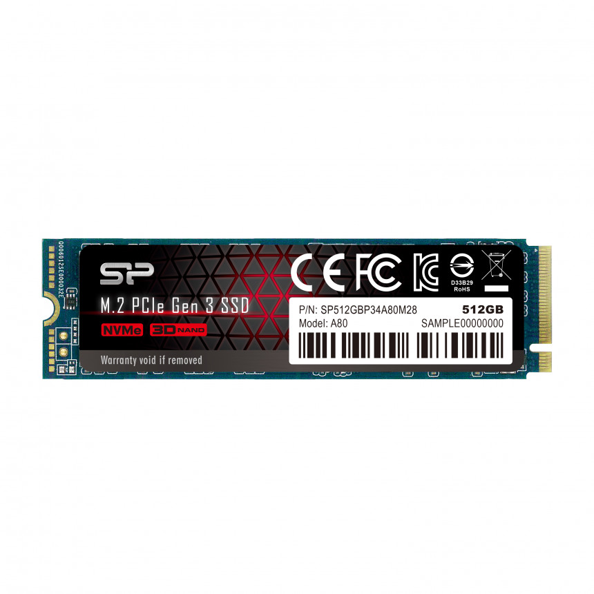 Silicon Power M.2 NVMe 512GB SSD, A80, PCIe Gen3x4, Read up to 3,400 MB/s, Write up to 2,300 MB/s, 2280