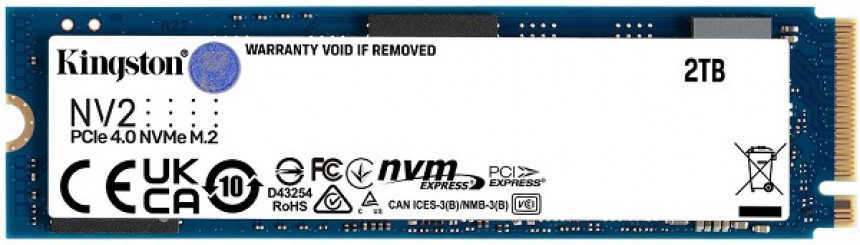 Kingston M.2 NVMe 2TB SSD, NV2, PCIe Gen 4x4, Read up to 3,500 MB/s, Write up to 2,800 MB/s, (single sided), 2280