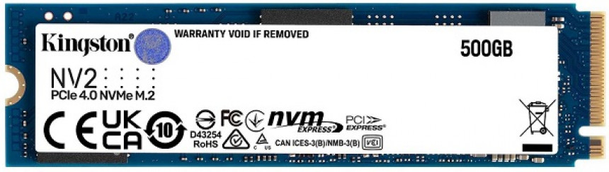 Kingston M.2 NVMe 500GB SSD, NV2, PCIe Gen 4x4, Read up to 3,500 MB/s, Write up to 2,100 MB/s, (single sided), 2280