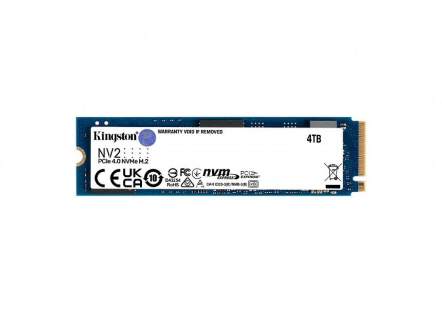 Kingston M.2 NVMe 4TB SSD, NV2, PCIe Gen 4x4, Read up to 3,500 MB/s, Write up to 2,800 MB/s, (single sided), 2280