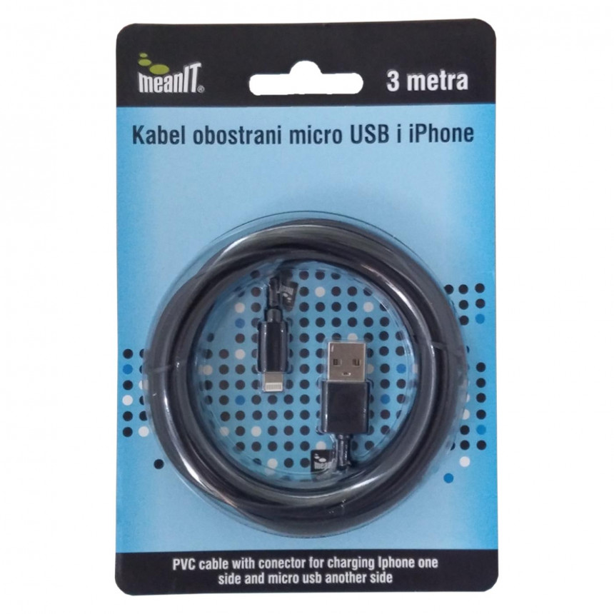 MeanIT USB kabl sa micro USB i iPhone priključkom, 3 met - KABEL MICROUSB / iPHONE