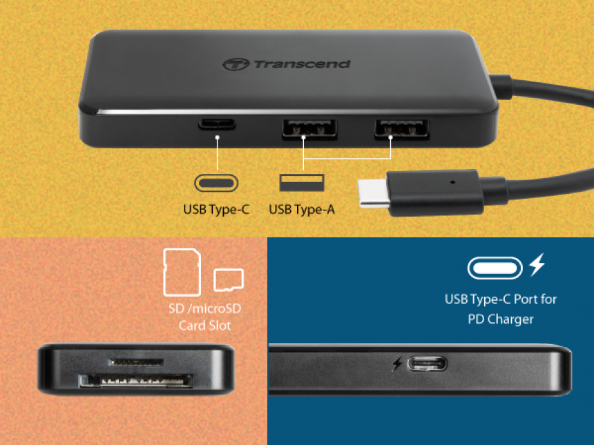 Transcend 3-Port Hub,1-Port PD,SD/MicroSD Reader, USB 3.1 Gen 2,Type-C