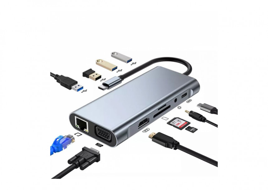 FAST ASIA Adapter-konvertor TIP-C na HDMI + 4XUSB 3.0 + TIP C + SD/Micro + Audio+VGA + RJ45