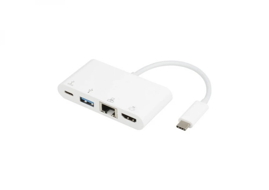 E-Green Adapter USB 3.1 tip C (M) - HDMI + USB3.0 + RJ45 + tip C (F) beli