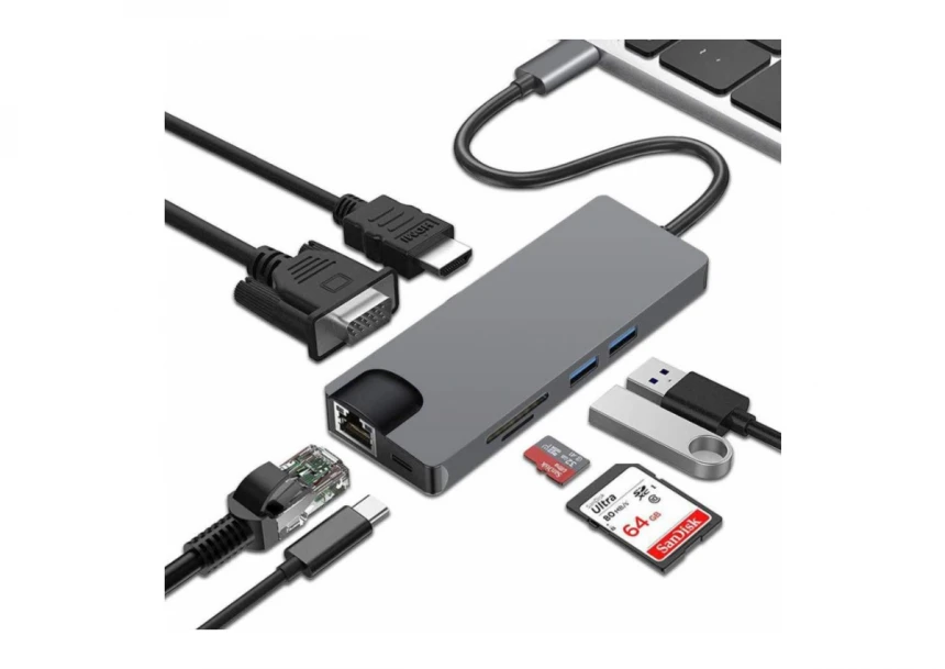E-Green Adapter USB 3.1 Tip C (M) - HDMI+VGA+2xUSB 3.0+Tip C+RJ45+SD (F)