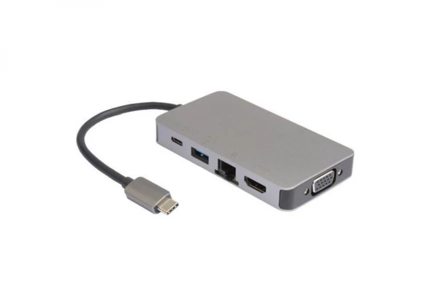 E-Green Adapter USB 3.1 tip C (M) - HDMI+VGA + 2 x USB3.0 + RJ45 + tip C (F) sivi