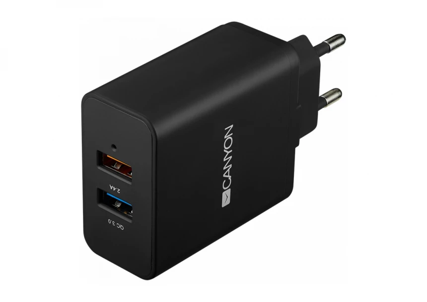 CANYON H-07 Universal 2xUSB AC charger (in wall) with over-voltage protection(1 USB with Quick Charger QC3.0), Input 100V-240V, Output USB/5V-2.4A+QC3.0/5V-2.4A&9V-2A&12V-1.5A, with Smart IC, Blac...