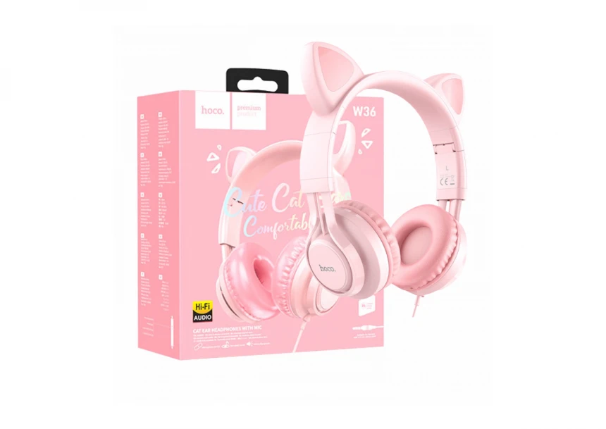 hoco. Slušalice sa mikrofonom, 3.5mm utikač, 1.2m kabel - W36 slušalice Mačje uši,Pink