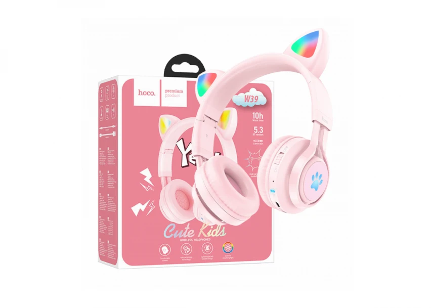 hoco. Bežične stereo slušalice, Bluetooth v5.3, 400mAh - W39 slušalice Mačje uši,Pink