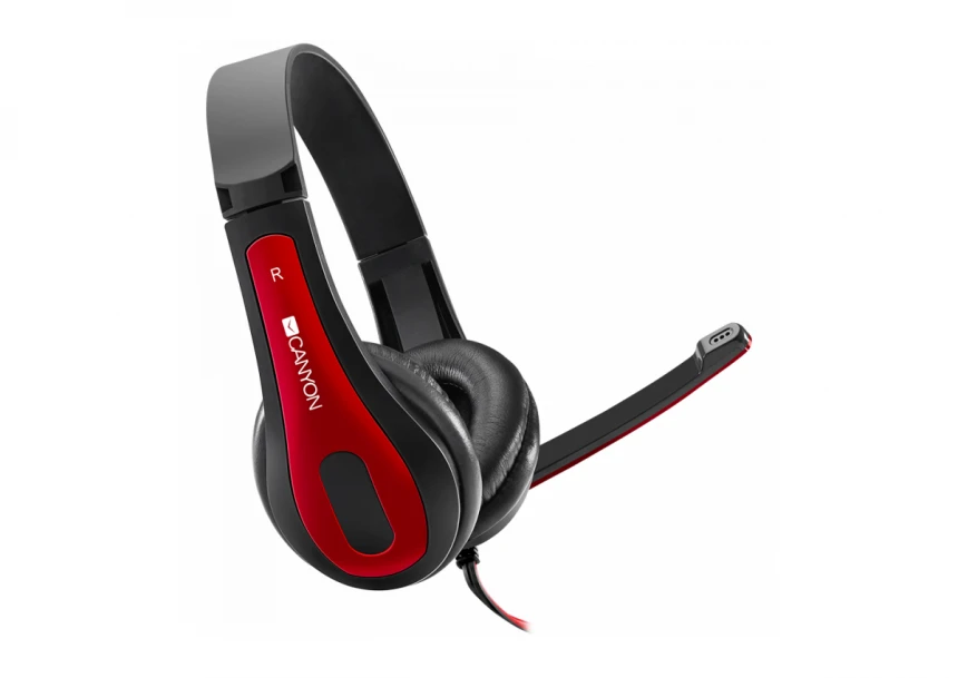 CANYON HSC-1, basic PC headset with microphone, combined 3.5mm plug, leather pads, Flat cable length 2.0m, 160*60*160mm, 0.13kg, Black-red