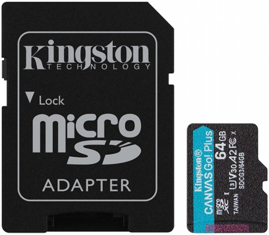 Kingston MicroSD 64GB, Canvas Go! Plus, Class10 UHS-I U3 V30 A2, Read up to 170MB/s, Write up to 70MB/s, for 4K and FullHD video recording, w/SD adapter