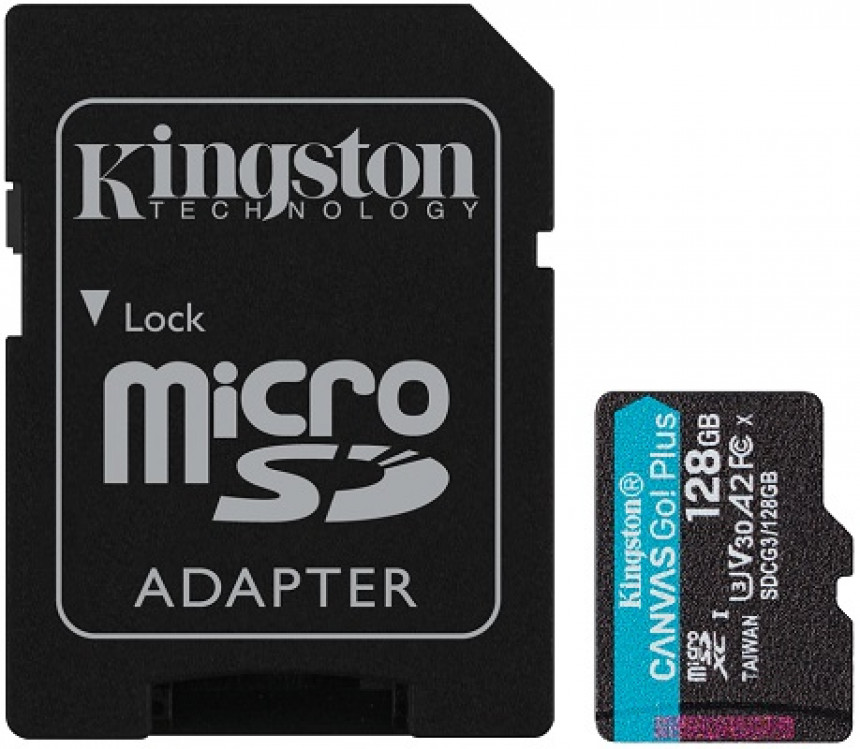Kingston MicroSD 128GB, Canvas Go! Plus, Class10 UHS-I U3 V30 A2, Read up to 170MB/s, Write up to 90MB/s, for 4K and FullHD video recording, w/SD adapter