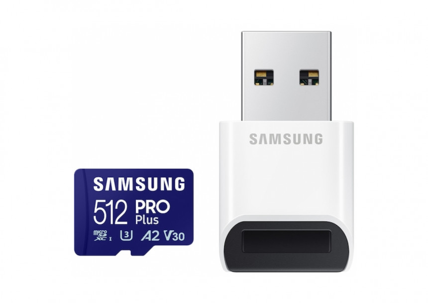 Samsung MicroSD 512GB, PRO Plus, SDXC, UHS-I U3 V30 A2 Class10, Read up to 180MB/s, Write up to 130 MB/s, for 4K and FullHD video recording, w/USB Card Reader