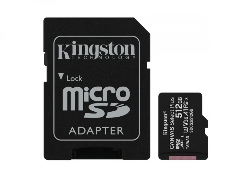 Kingston MicroSD 512GB, Canvas Select Plus, Class 10 UHS-I U3 V30 A1, Read up to 100MB/s, Write up to 85MB/s, w/SD adapter