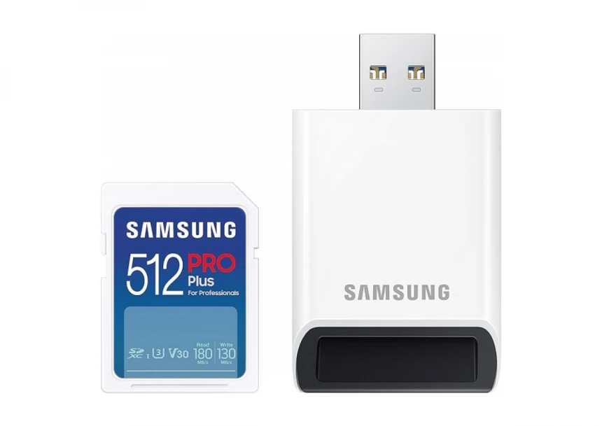 Samsung SD Card 512GB, PRO Plus, SDXC, UHS-I U3 V30 Class 10, Read up to 180MB/s, Write up to 130 MB/s, for 4K and FullHD video recording, w/USB Card Reader