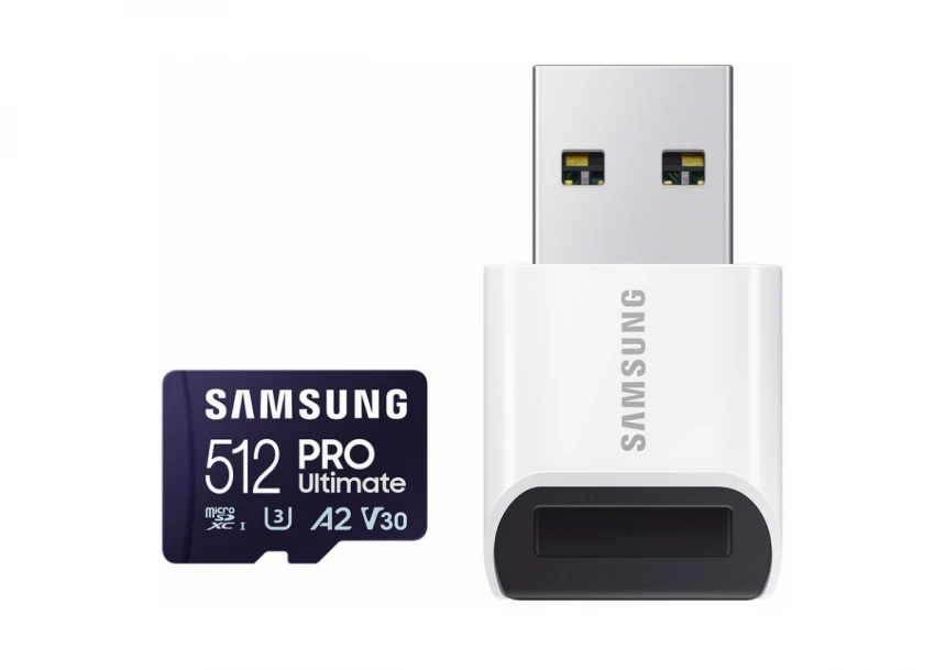 Samsung MicroSD 512GB, PRO Ultimate, SDXC, UHS-I U3 V30 A2, Read up to 200MB/s, Write up to 130 MB/s, for 4K and FullHD video recording, w/USB Card reader